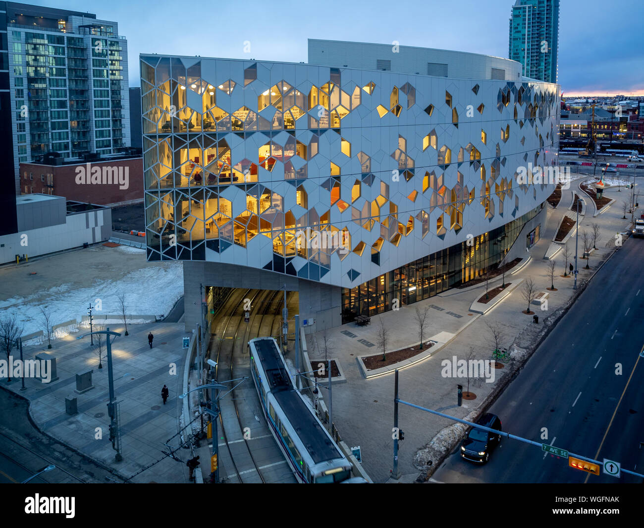Elevated view of Calgary's new landmark public library building in the ...