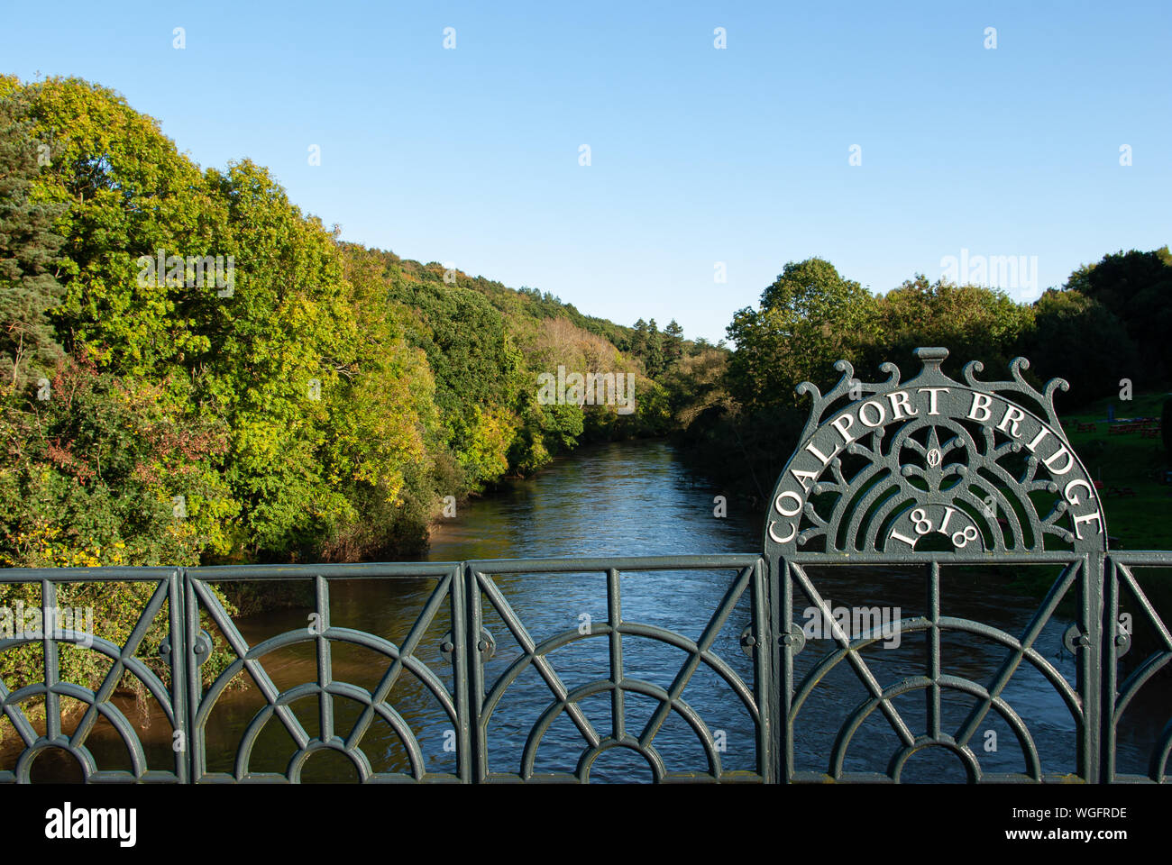 Upstream view of the River Severn from Coalport bridge with cast iron ...