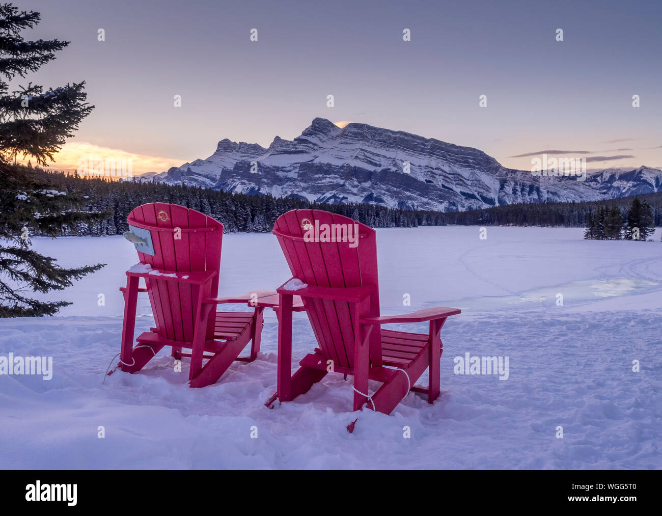 Red Chairs at Two jack Lake with Parks Canada logos on January 15, 2017 ...