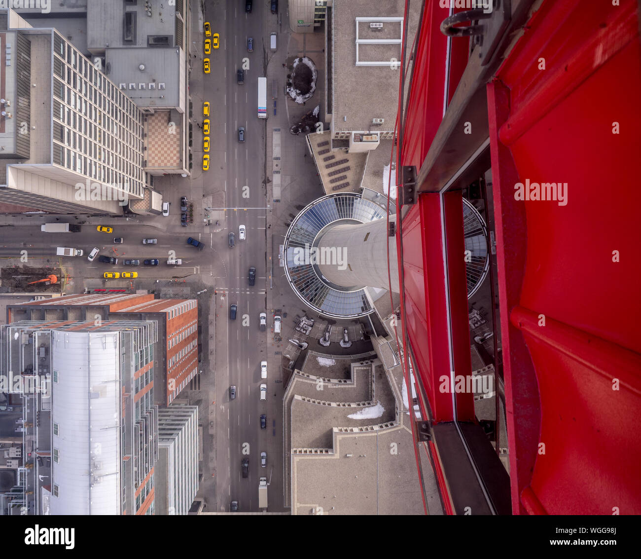 View of 9th Avenue SW from the glass floor of the Calgary Tower in ...