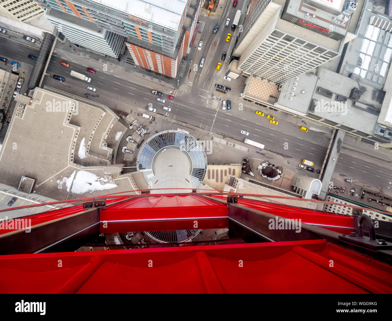 View of 9th Avenue SW from the glass floor of the Calgary Tower in ...