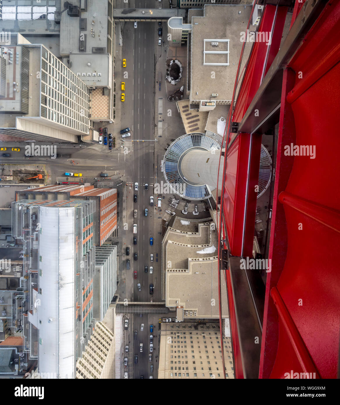 View of 9th Avenue SW from the glass floor of the Calgary Tower in ...