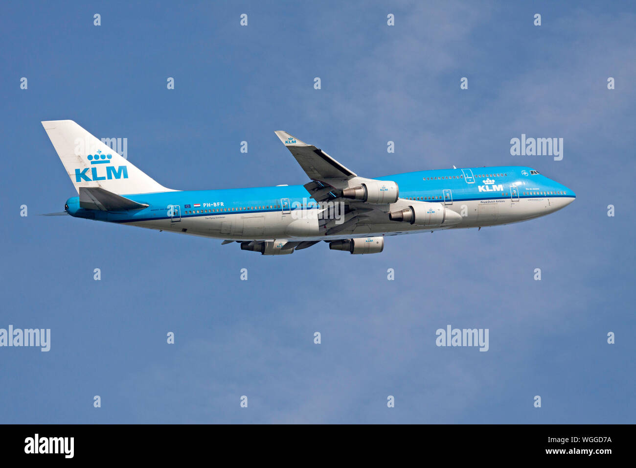 Blue Boeing 747 of the Klm just rising from the Schiphol Airport runway ...