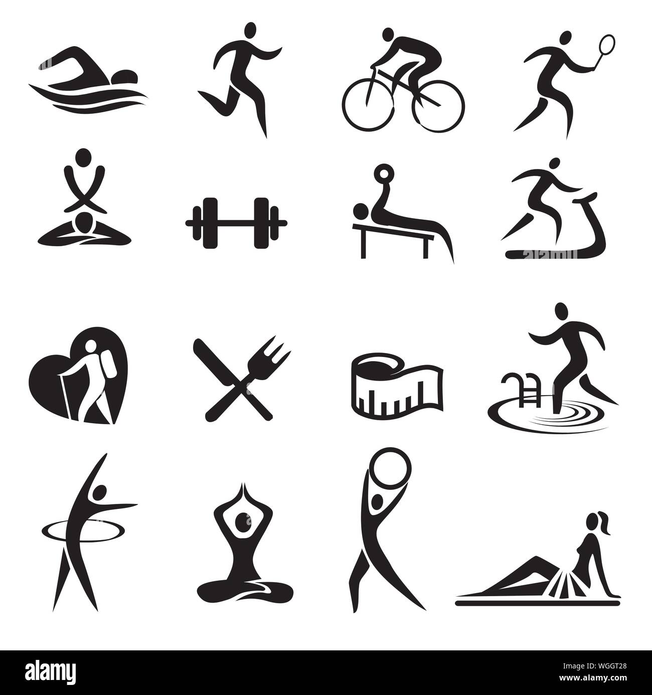 Fitness sport icons. Set of stylized black sport and healthy lifestyle ...