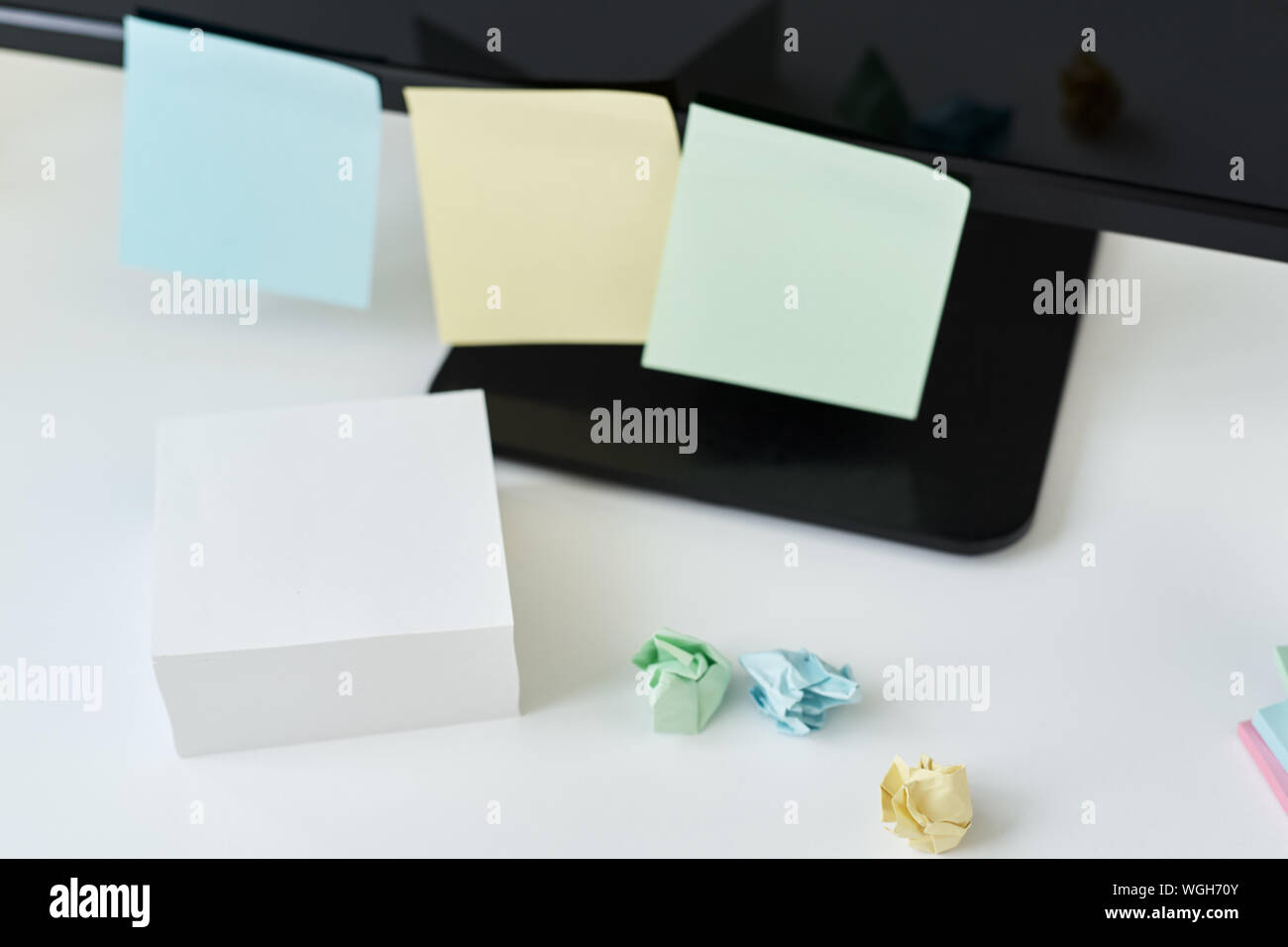 Modern workspace background. Workplace with office supplies and sticky ...