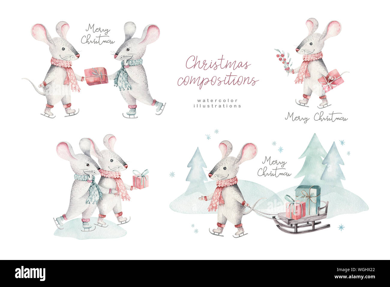 Cute cartoon christmas rat mouse christmas card. Watercolor hand drawn ...