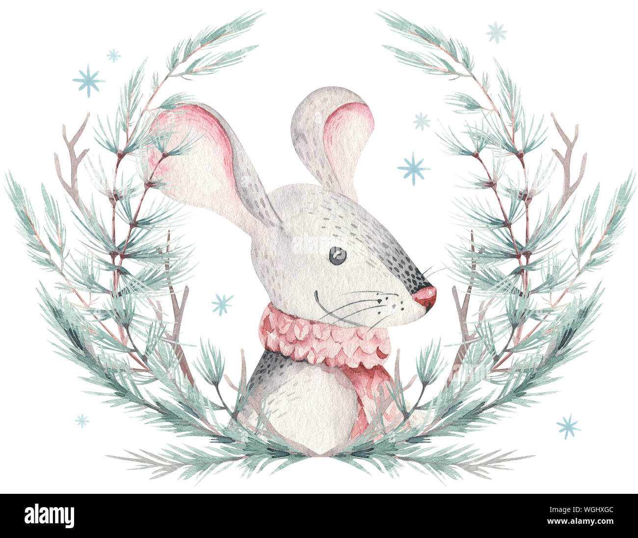 Cute cartoon christmas rat mouse christmas card. Watercolor hand drawn ...