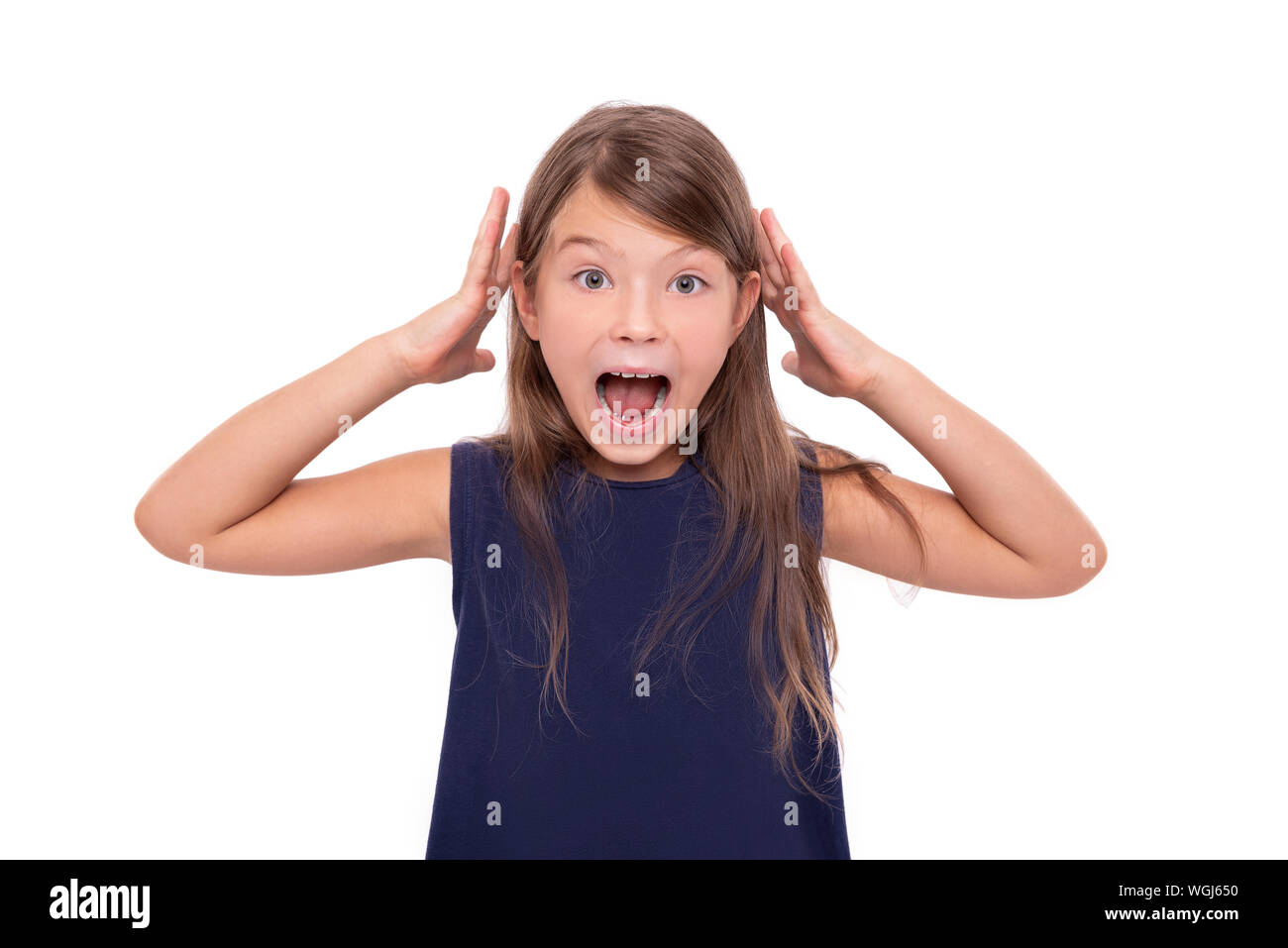 Little girl in shock or stress on white background Stock Photo - Alamy
