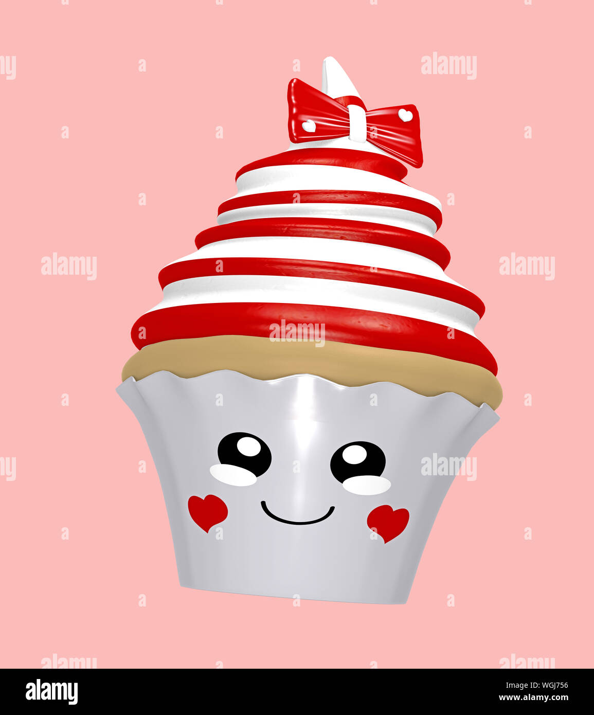 cute cupcake with red and white rings, bow and laughing face in kawaii ...