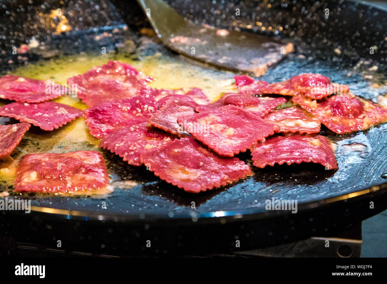 Organic beetroot ravioli at Leggero Italian pasta stall, Mercato ...