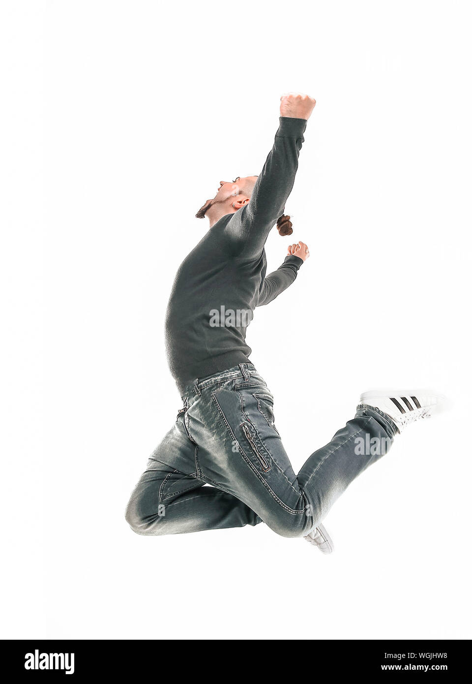 rapper guy is dancing breakdance . photo in jump.isolated on white ...