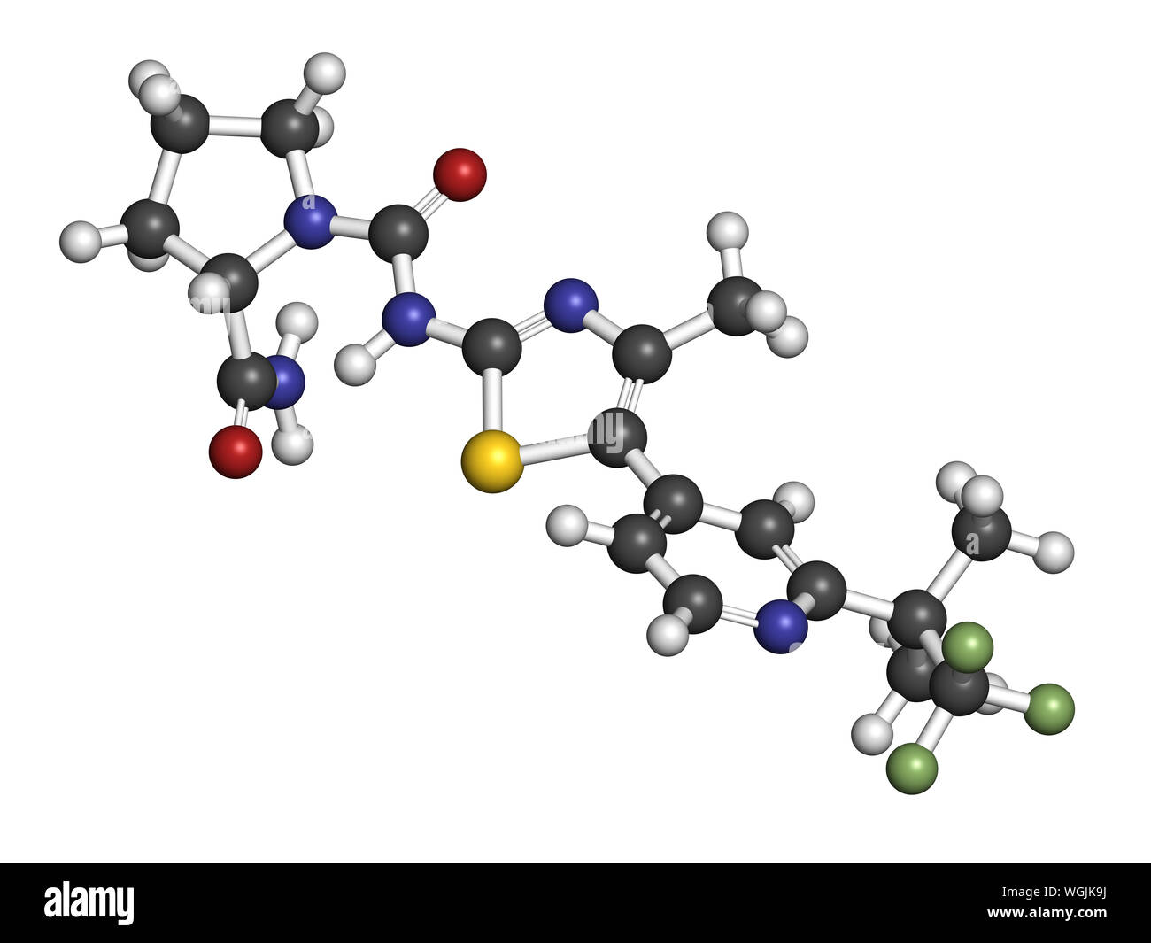 Alpelisib cancer drug molecule (PI3K inhibitor). 3D rendering. Atoms ...