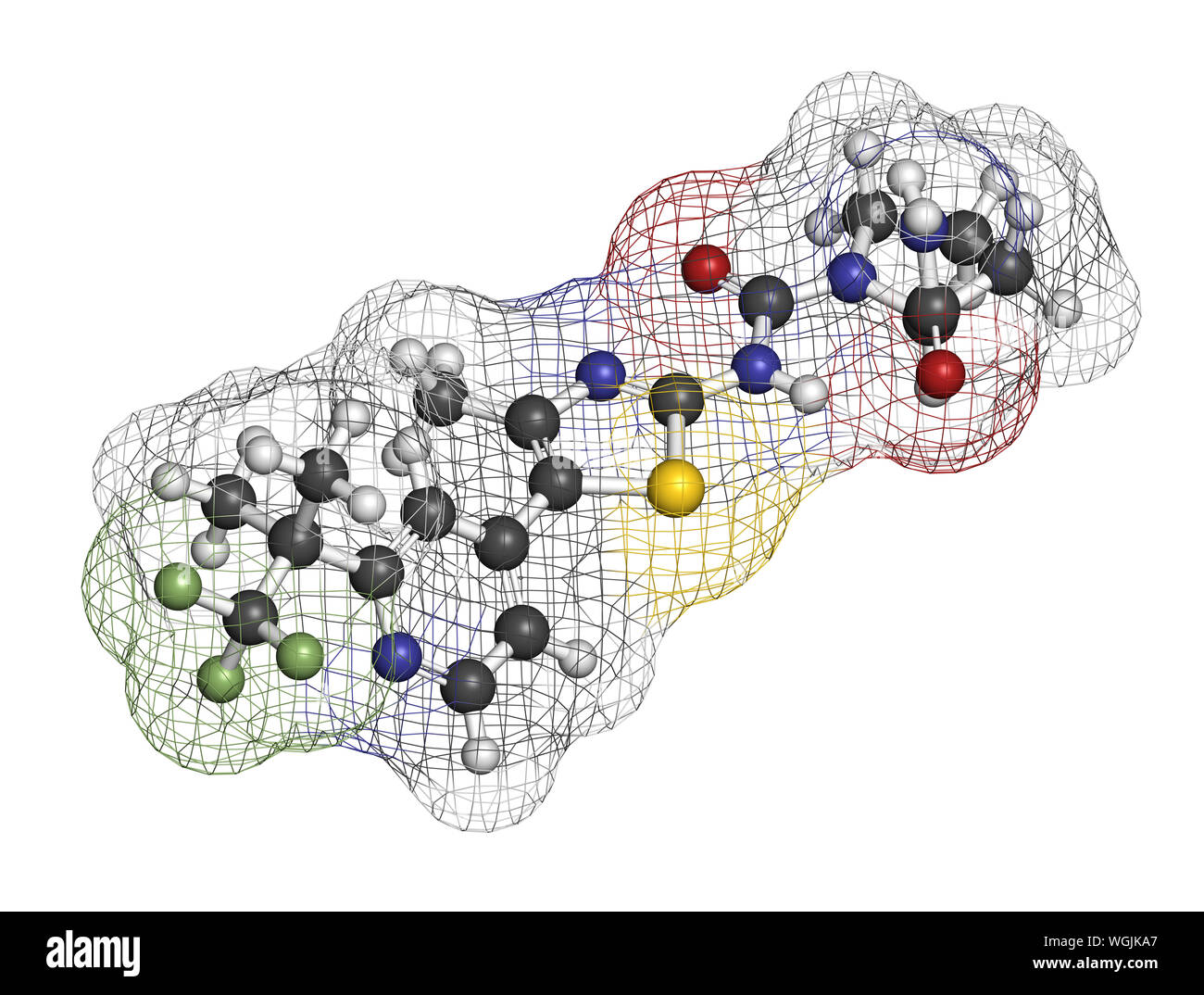 Alpelisib cancer drug molecule (PI3K inhibitor). 3D rendering. Atoms ...