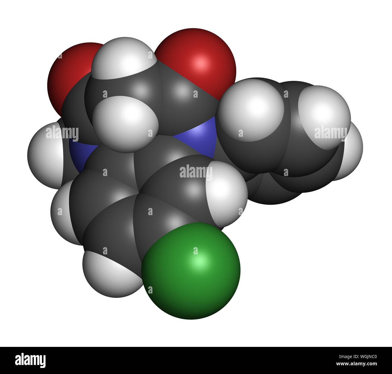 Clobazam epilepsy drug molecule. 3D rendering. Atoms are represented as ...