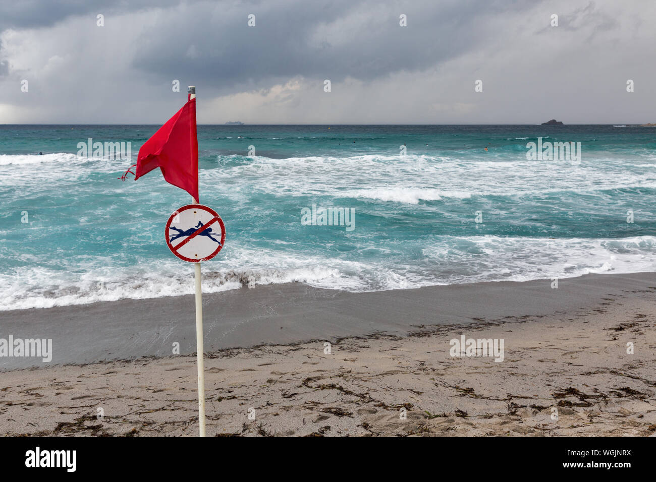 Red warning flag with no swimming symbol on sea beach Stock Photo - Alamy