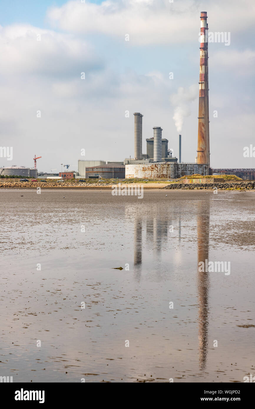 Power plant in Dublin port and Poolbeg beach, Dublin, Ireland Stock ...