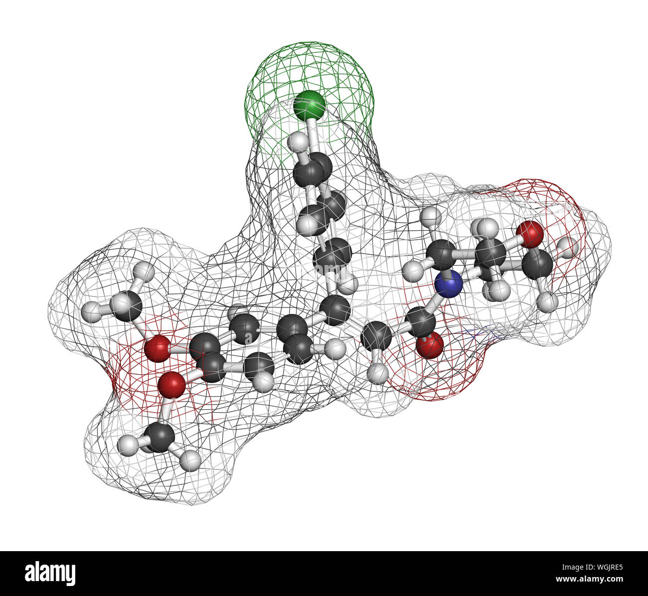 Dimethomorph fungicide molecule. 3D rendering. Atoms are represented as ...