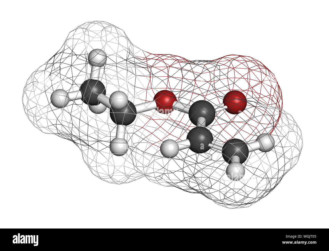 Ethyl acrylate molecule. 3D rendering. Atoms are represented as spheres ...