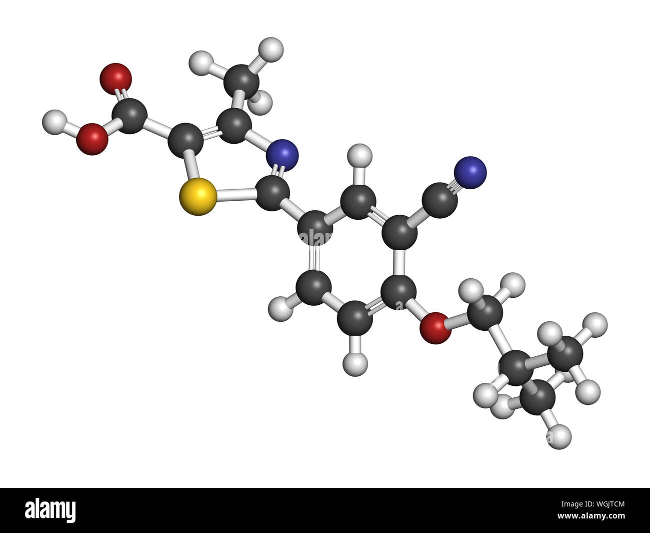 Febuxostat gout drug molecule (xanthine oxidase inhibitor). 3D ...