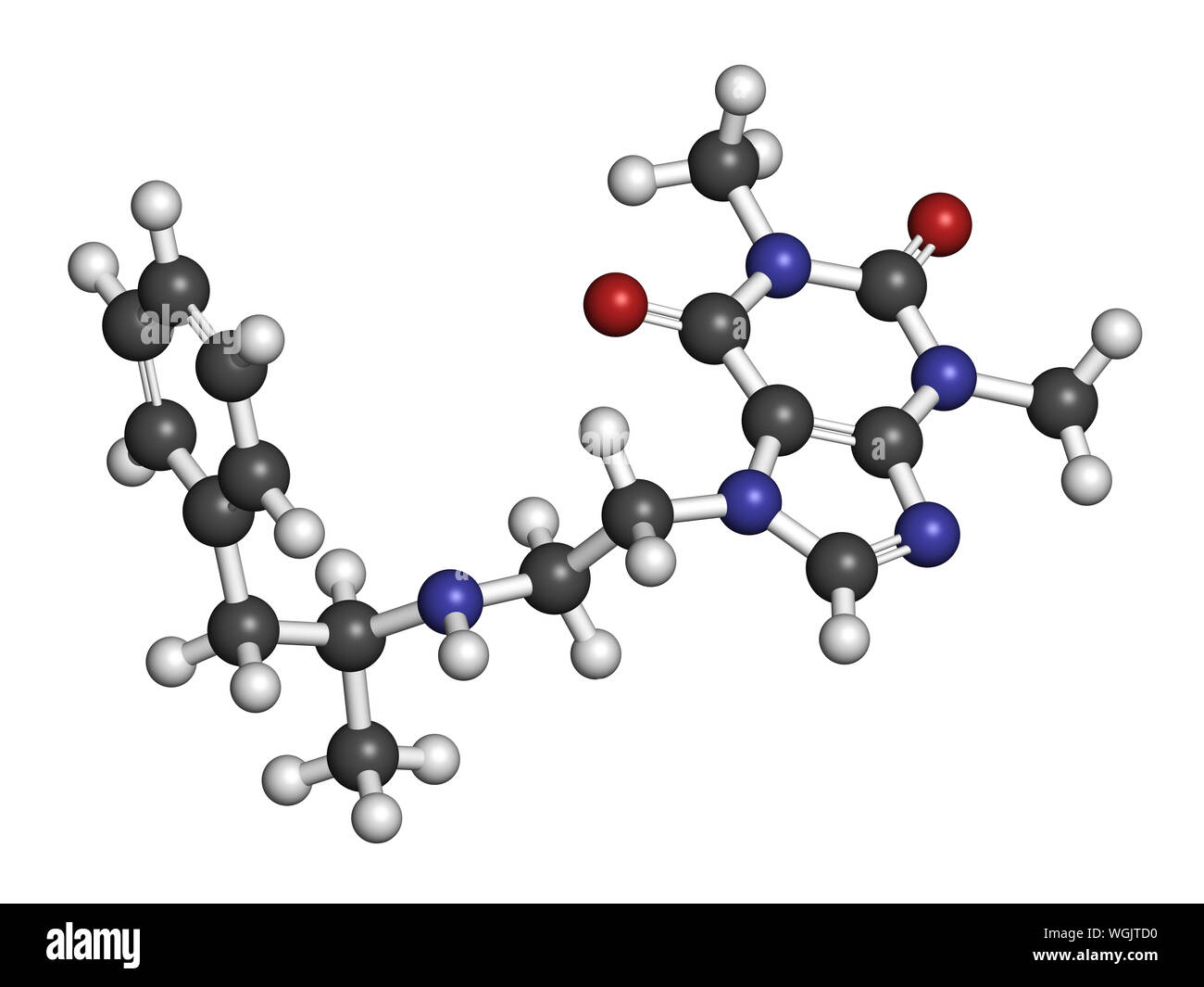 Fenetylline (fenethylline) stimulant drug molecule. 3D rendering. Atoms ...