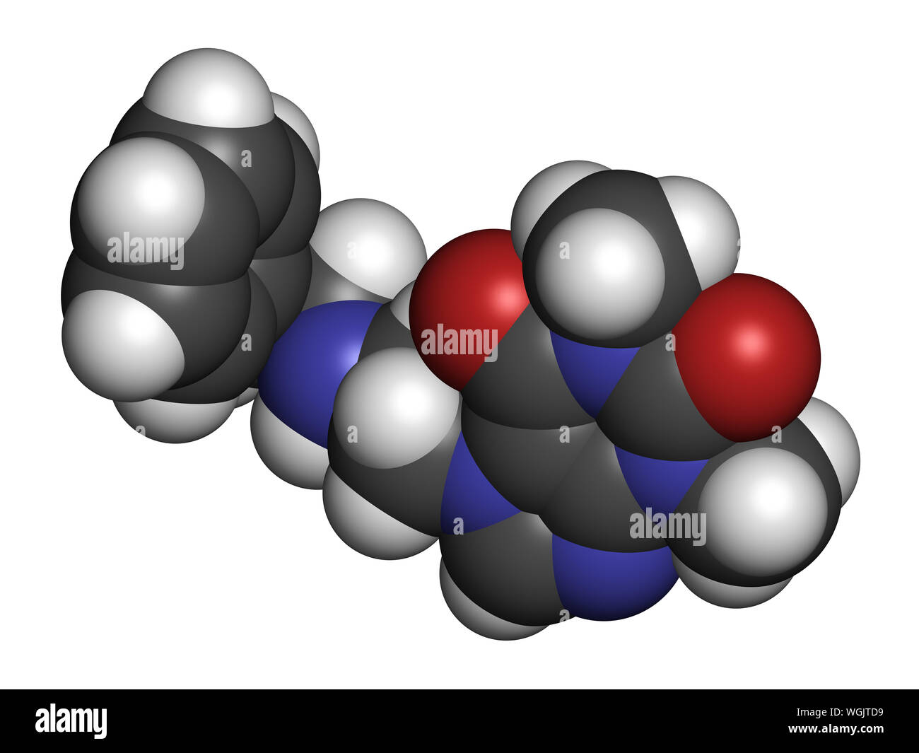 Fenetylline (fenethylline) stimulant drug molecule. 3D rendering. Atoms ...