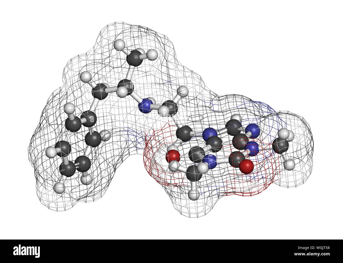 Fenetylline (fenethylline) stimulant drug molecule. 3D rendering. Atoms ...