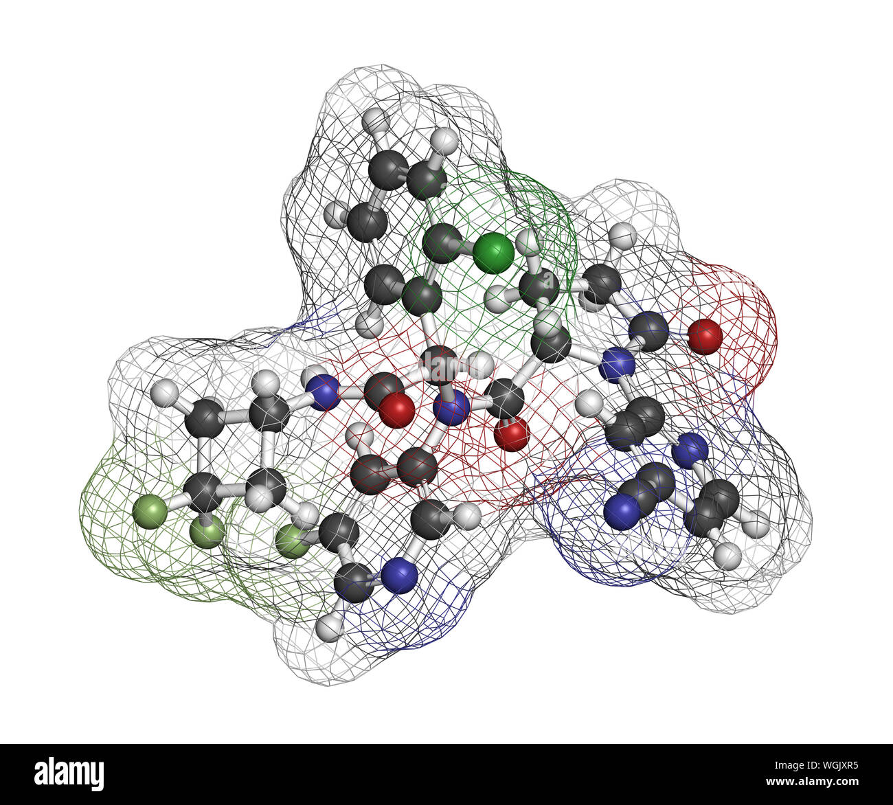 Ivosidenib cancer drug molecule. 3D rendering. Atoms are represented as ...