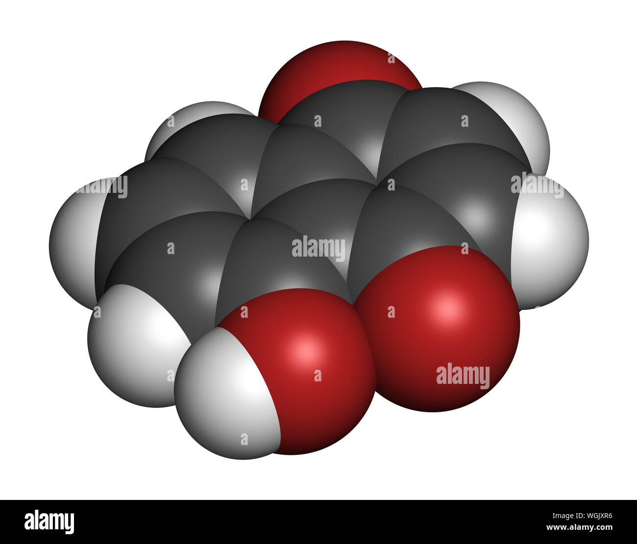 Juglone walnut molecule. 3D rendering. Atoms are represented as spheres ...