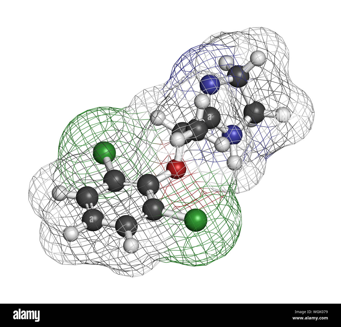 Lofexidine opioid withdrawal treatment drug. 3D rendering. Atoms are ...