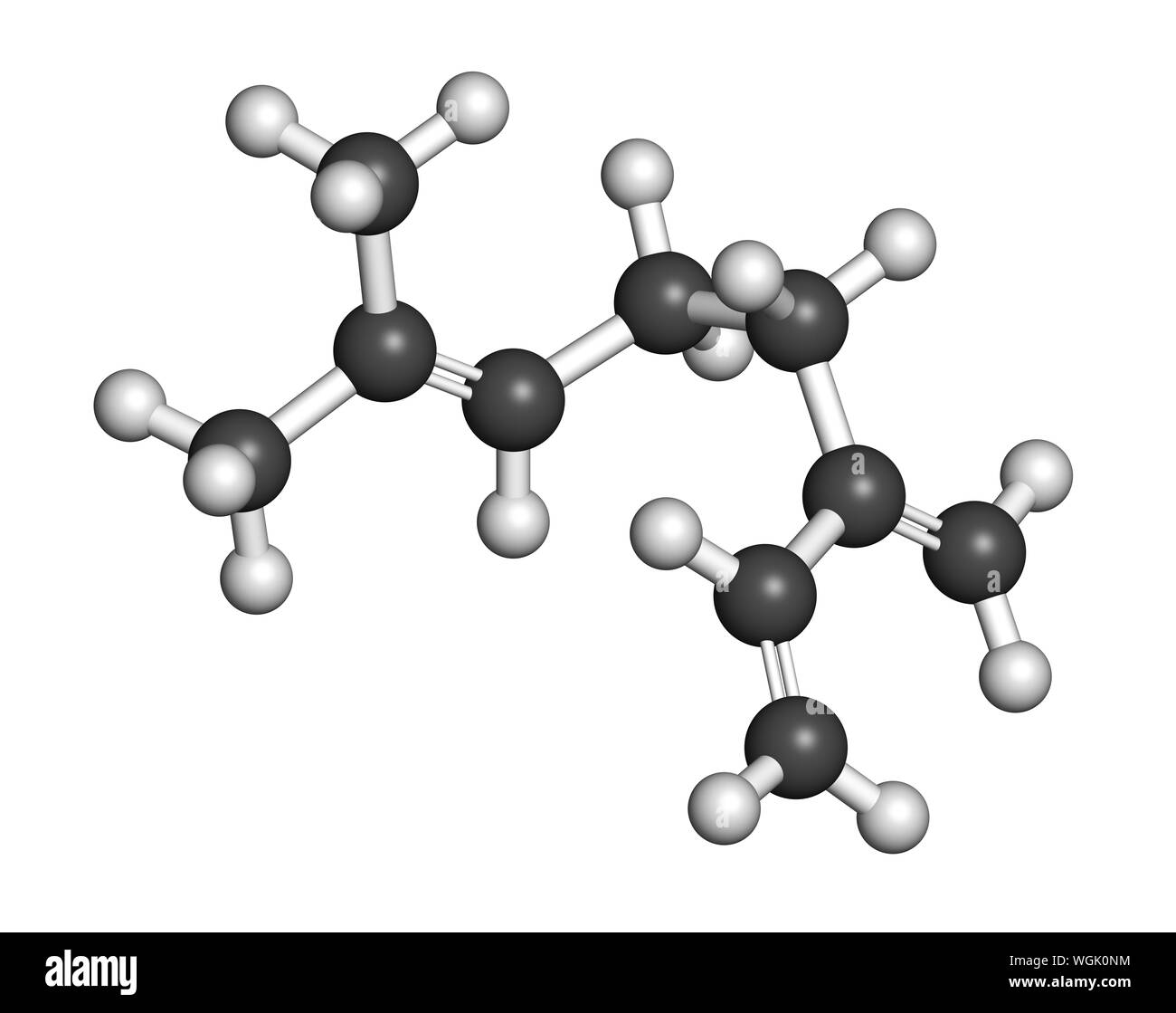 Myrcene monoterpene molecule. 3D rendering. Atoms are represented as ...