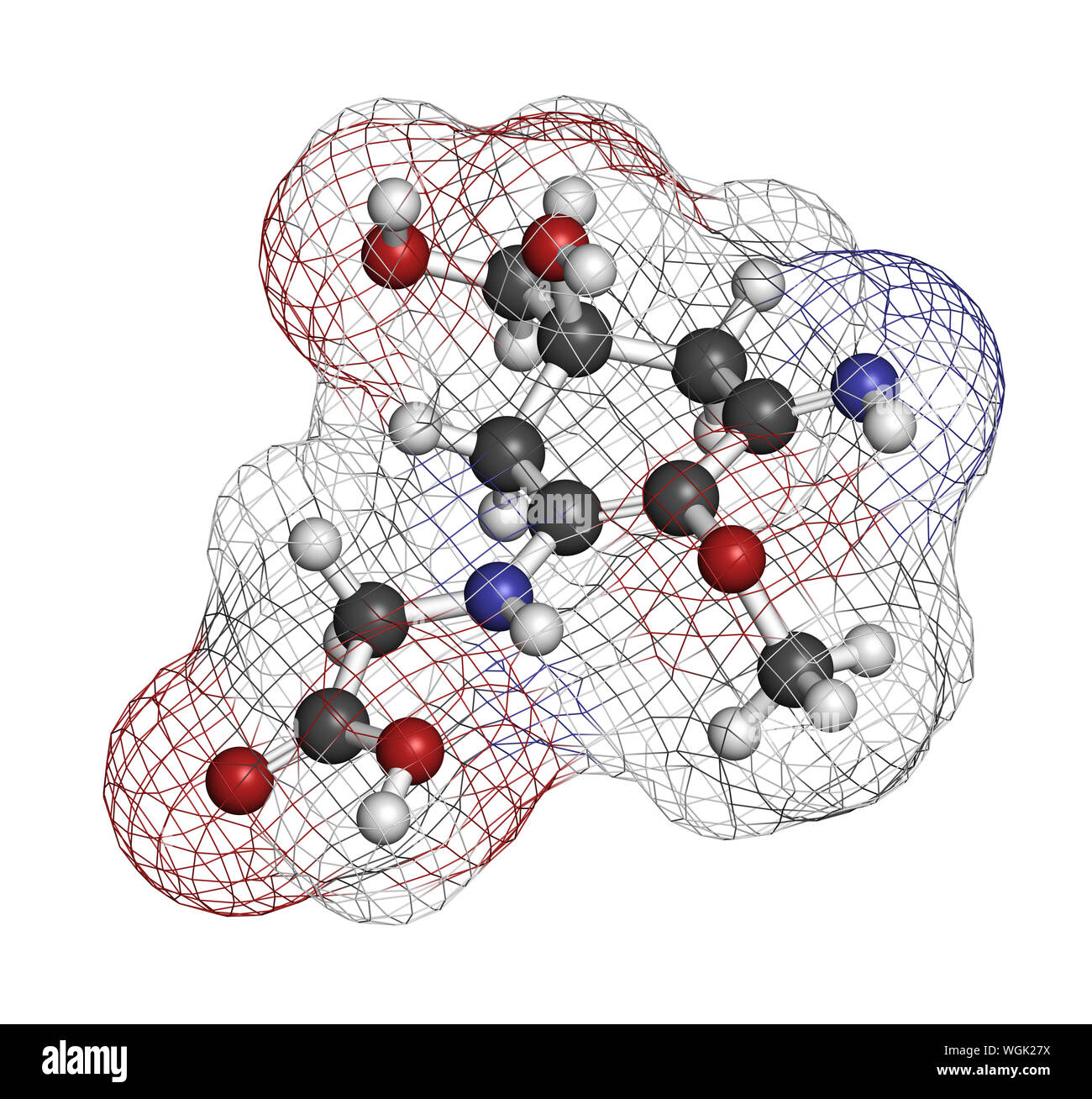 Palythine sunscreen molecule. 3D rendering. Atoms are represented as ...