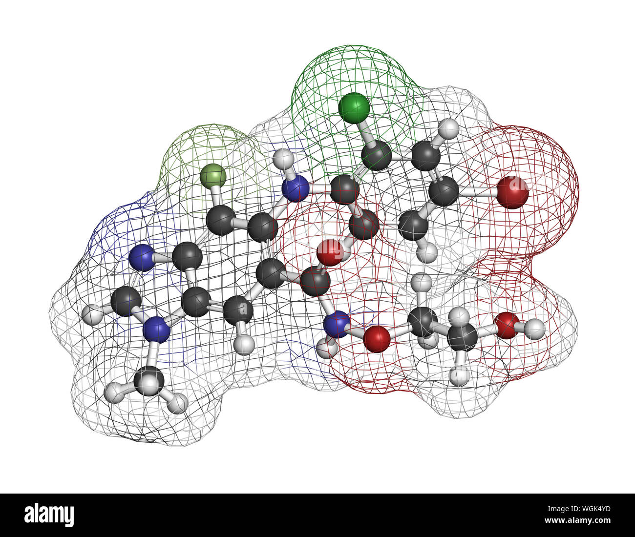 Selumetinib cancer drug molecule (MEK1 and MEK2 inhibitor). 3D ...