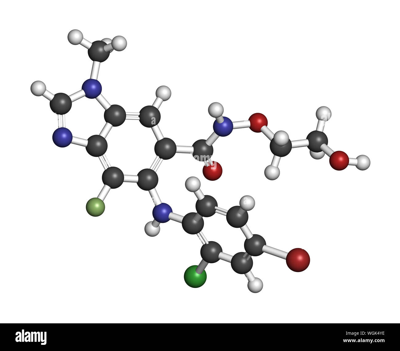 Selumetinib cancer drug molecule (MEK1 and MEK2 inhibitor). 3D ...