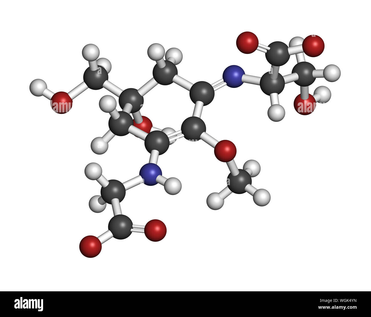 Shinorine sunscreen molecule. 3D rendering. Atoms are represented as ...