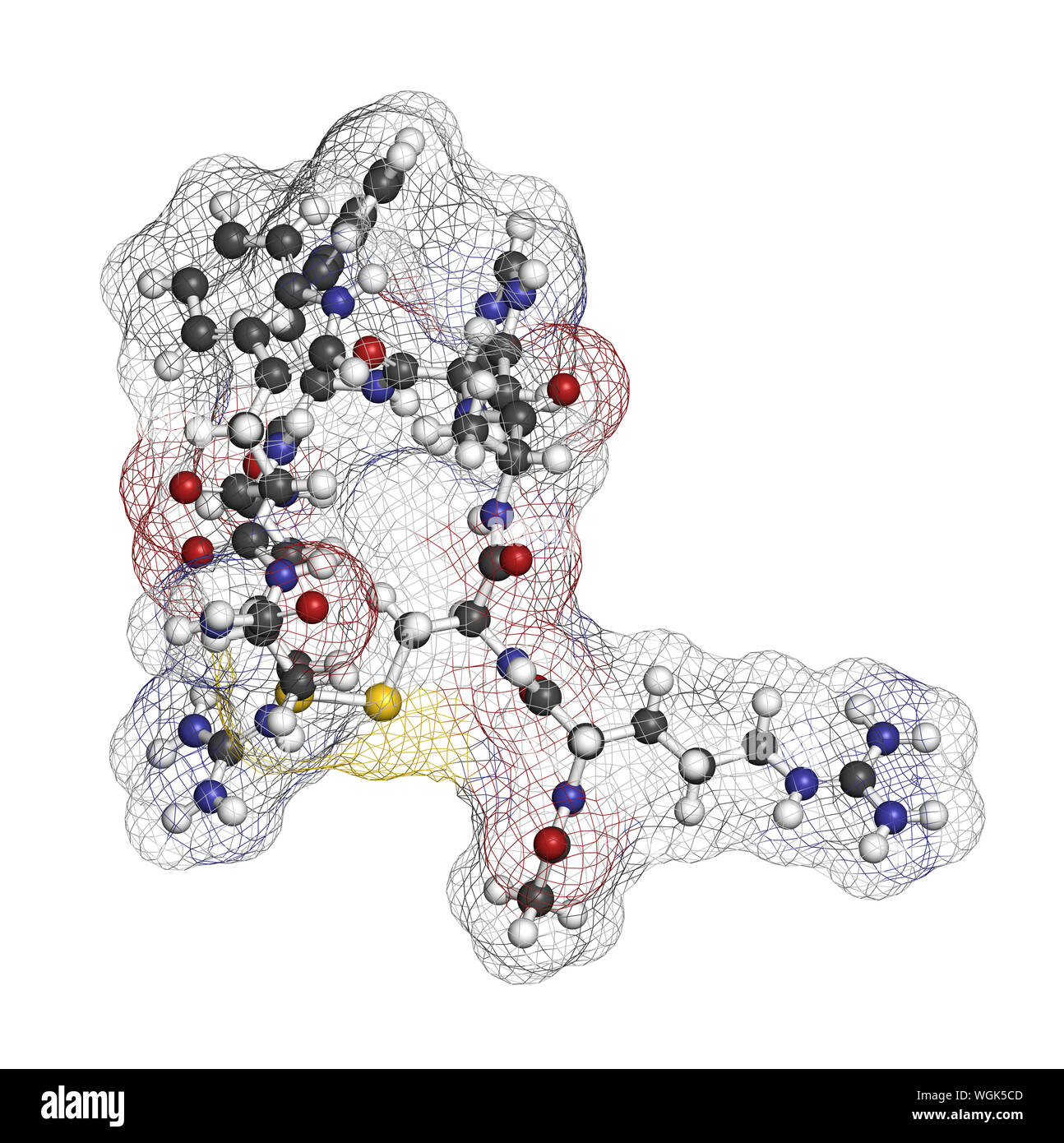Setmelanotide drug molecule (MC4 receptor agonist). 3D rendering. Atoms ...
