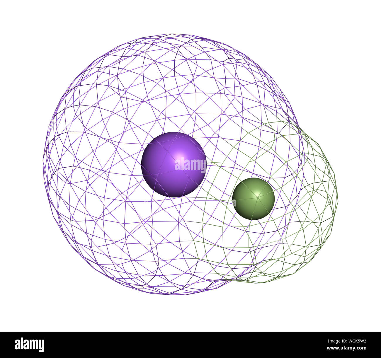 Sodium fluoride, chemical structure. 3D rendering. Atoms are ...