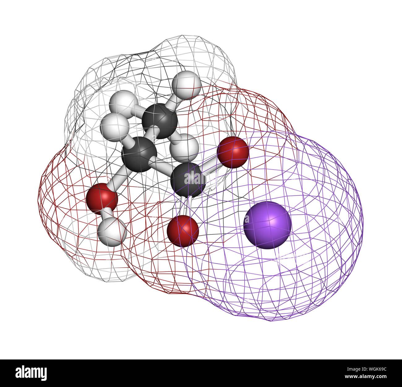 Sodium lactate, chemical structure. 3D rendering. Atoms are represented ...