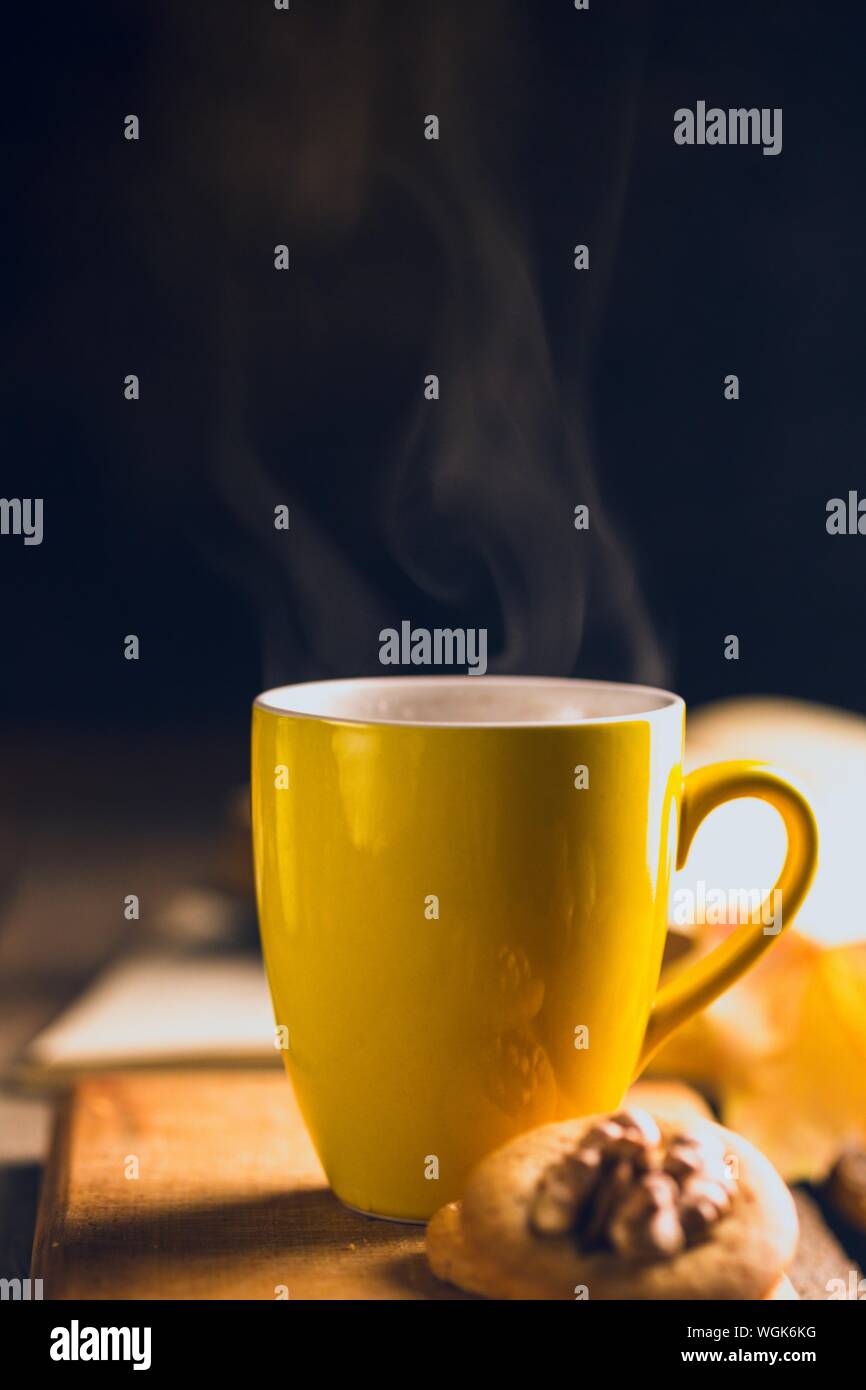 breakfast and beautiful hot coffee yellow cup Stock Photo - Alamy