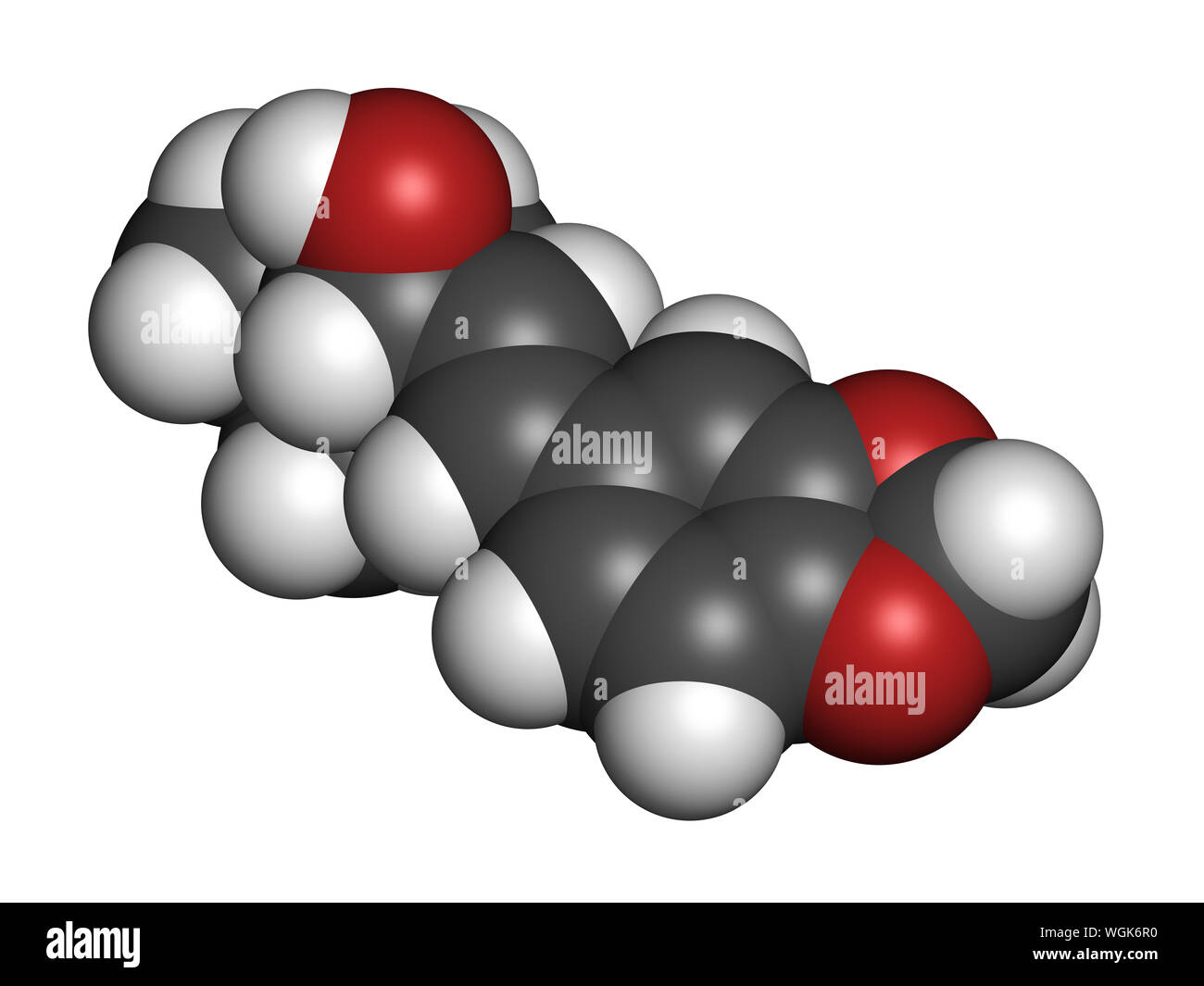Stiripentol epilepsy drug molecule. 3D rendering. Atoms are represented ...