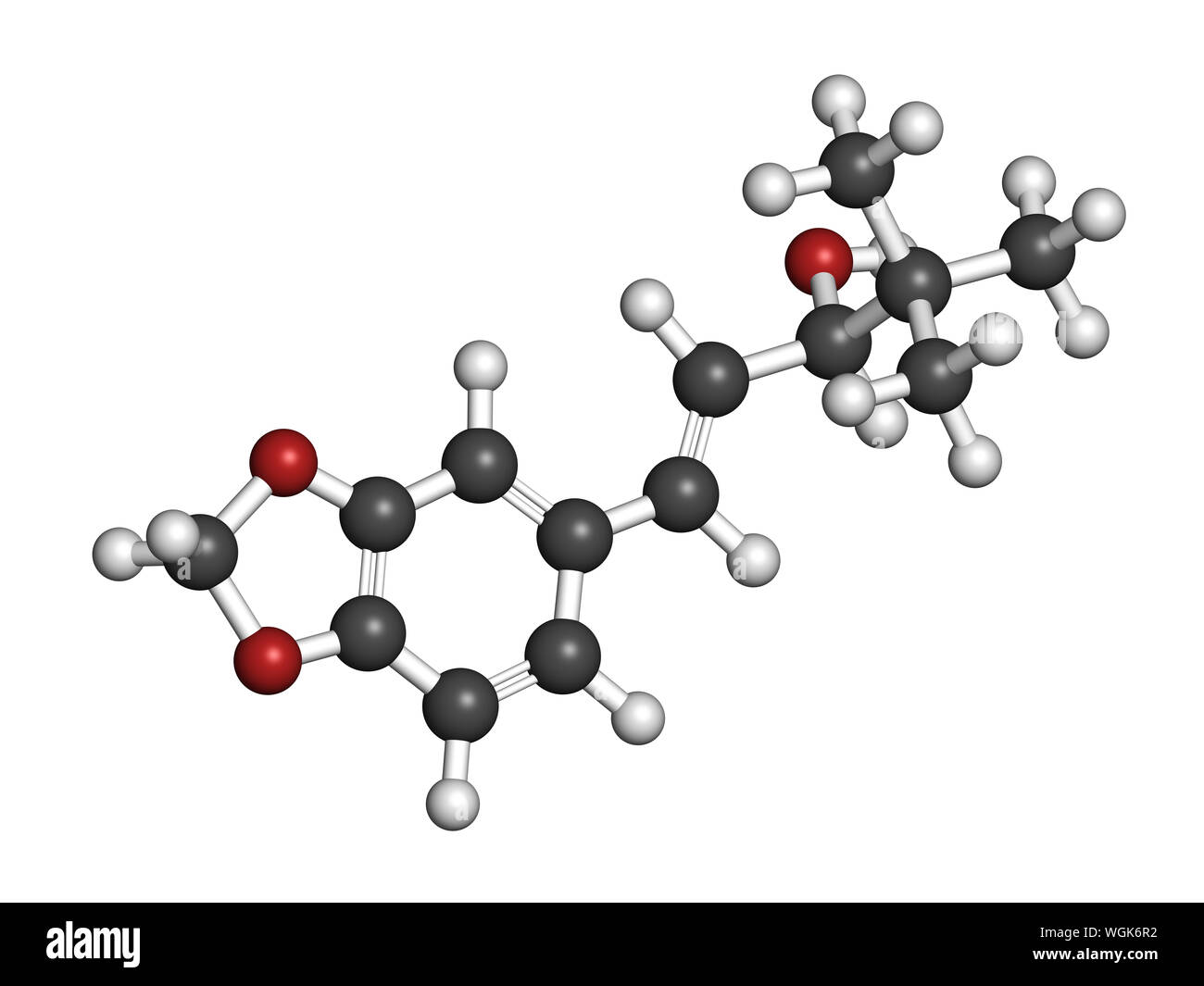Stiripentol epilepsy drug molecule. 3D rendering. Atoms are represented ...