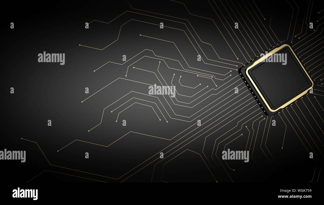 CPU Golden Circuit Board On The Black Background - 3D Illustration ...