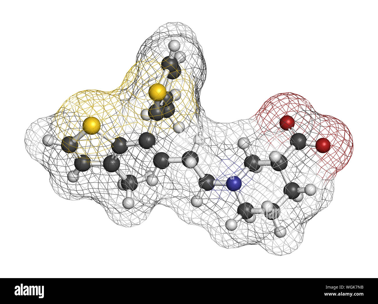 Tiagabine epilepsy drug molecule. 3D rendering. Atoms are represented ...
