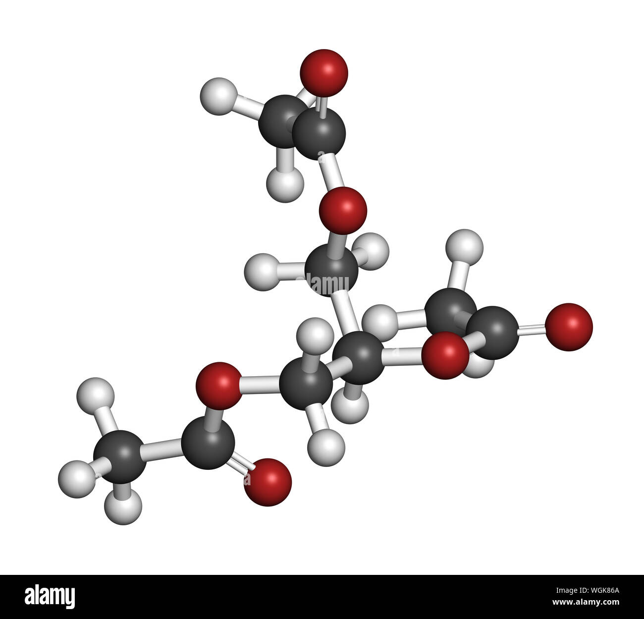 Triacetin (glycerin triacetate) molecule. 3D rendering. Atoms are ...