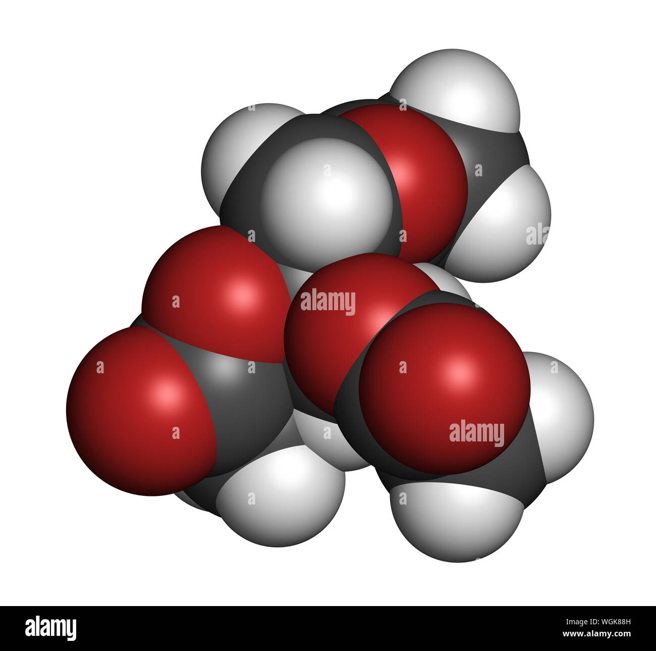 Triacetin (glycerin triacetate) molecule. 3D rendering. Atoms are ...