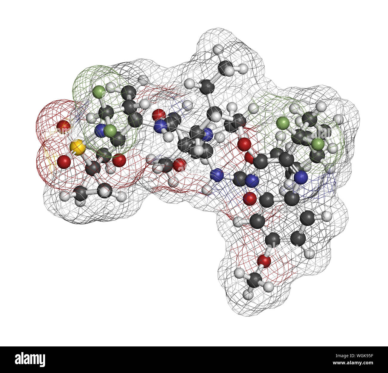 Voxilaprevir hepatitis C drug molecule. 3D rendering. Atoms are ...