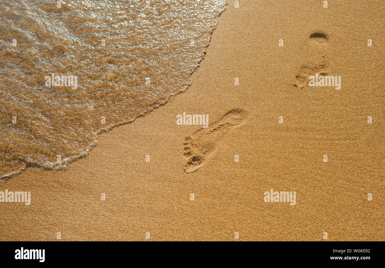 Texture background Footprints of human feet on the sand near the water ...