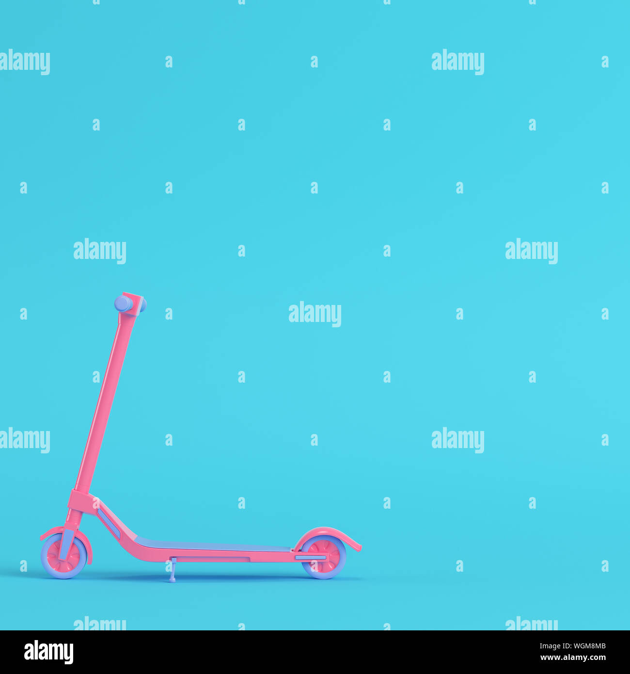 Pink kick scooter on bright blue background in pastel colors ...