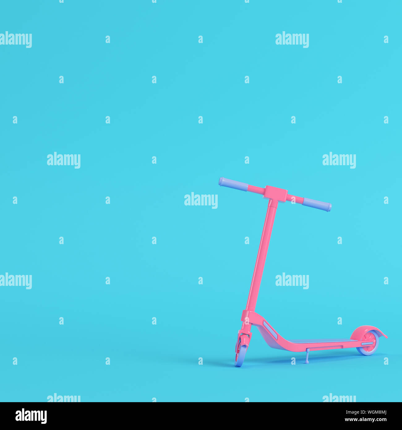 Pink kick scooter on bright blue background in pastel colors ...