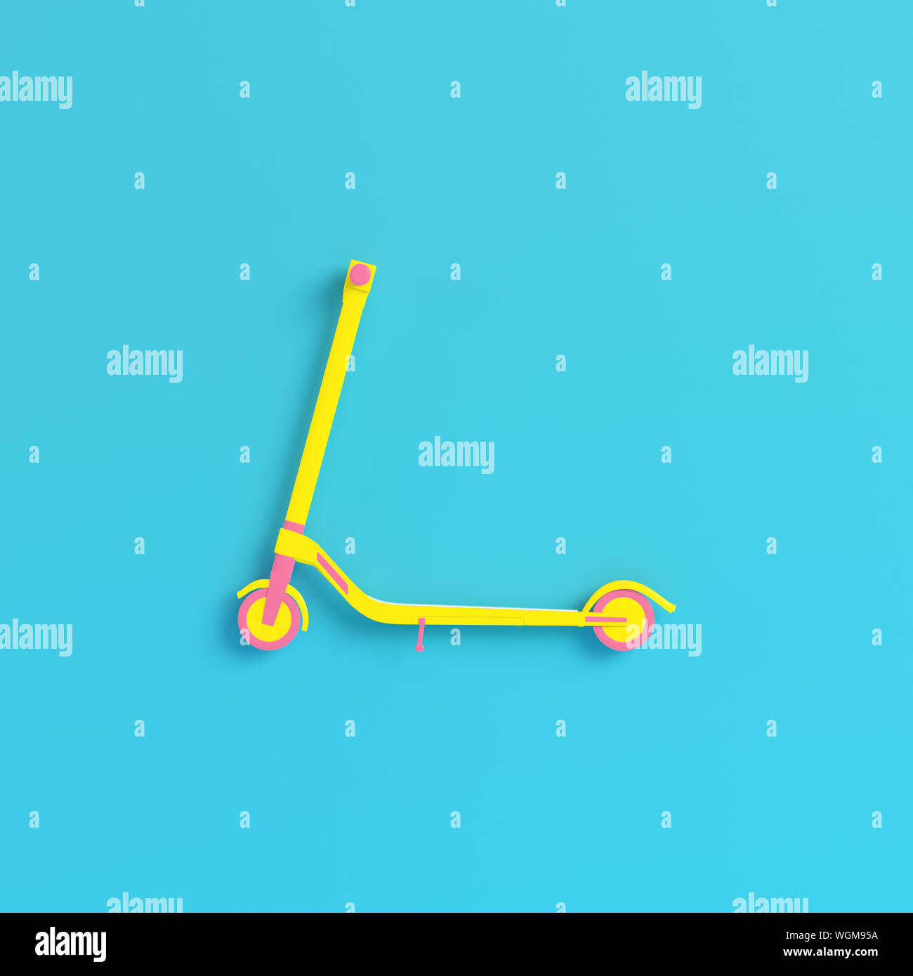 Yellow kick scooter on bright blue background in pastel colors ...