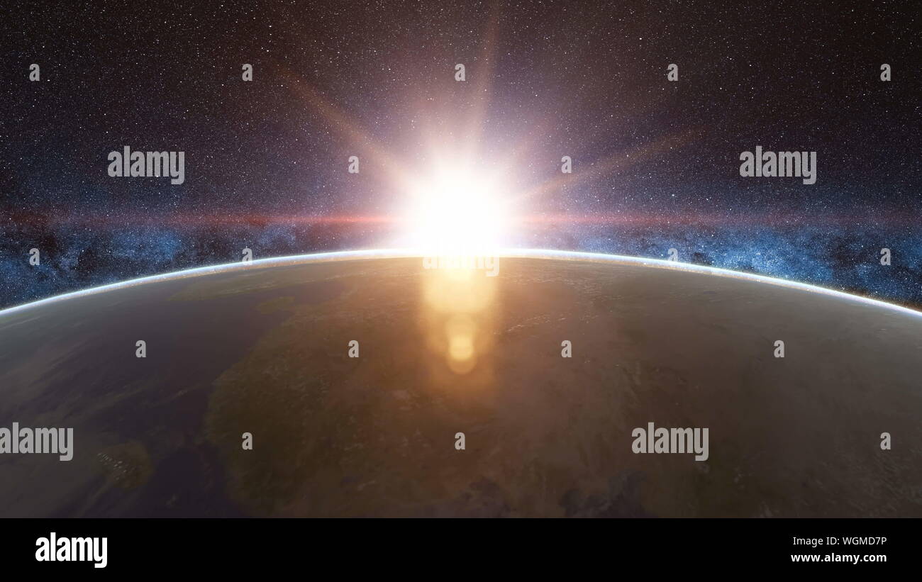 Beautiful sunrise view from space on Planet Earth. World close up rotating in Universe of blue ...